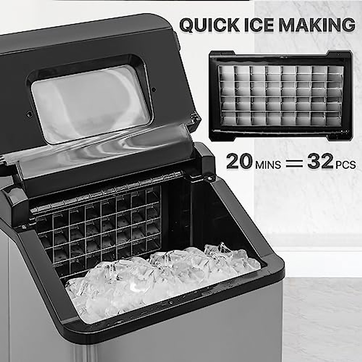 mollie Ice Machine Maker Countertop, 32 Ice Square Cubes Ready in 20 Mins, 33lbs/24 hrs, Self-Cleaning Ice Machine, 2 Size Ice Cubes for Kitchen Office Bar Party, 2.5L Water Tank