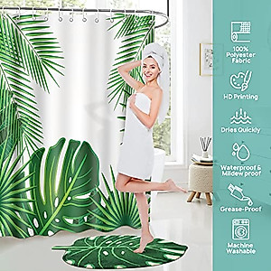 2 Pcs Bathroom Sets with Shower Curtain and Rugs, Bathroom Mat Non-Slip Green Leaf Bath Mat Waterproof Tropical Plants Shower Curtain Set with 12 Hooks Washable Bath Rug Carpet for Boho Home Decor