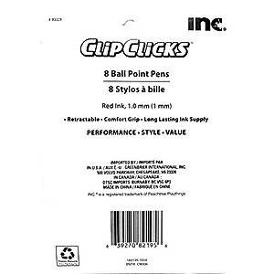 INC Retractable Ball Point Pens, 1.0 mm, Red Ink, 8-pack