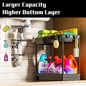 Cicilyna Under Sink Organizer, Under Cabinet Basket Organizer Drawer with Hooks, Bathroom Standing Rack, Multi-purpose Storage Shelf, Black