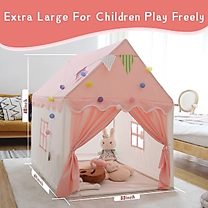 Princess Castle Play Tent for Kids, 100% Natural Fabric Extra Large Foldable Fairy Pink Tent for Girls, Playhouse with Lights and Flags for Children Indoor & Outdoor by WOOD CITY (52"x 40"x 47")