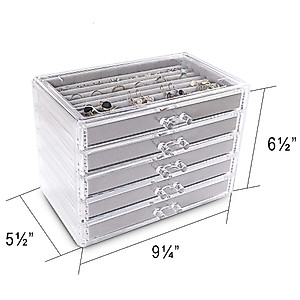 Frebeauty Extra Large Acrylic Jewelry Box for Women 5 Layers Clear Jewelry Organizer Velvet Earring Box with 5 Drawers Rings Display Case Necklaces Holder Tray for Women Girls (Grey)
