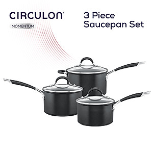 Circulon Non Stick Saucepan Set of 3 – Saucepans for Induction Hobs 16, 18 & 20cm with Toughened Glass Lids & Soft Grip Handles, Dishwasher Safe Pan Set, Black