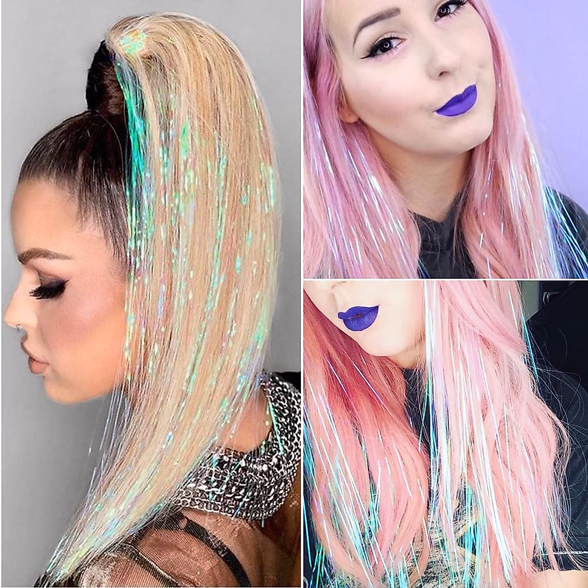 Hair Tinsel Kit With Tool Fairy Hair Tinsel Heat Resistant 47Inch Tinsel Hair Extensions 6Pcs 1200 Strands Sparkling Hair Tinsel Glitter Tinsel Hair Extensions for Women Girls Kids (White-Pink)