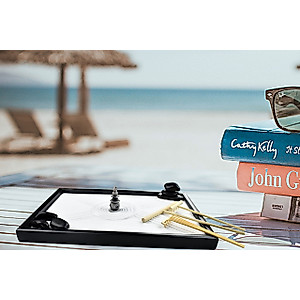 Artcome Japanese Zen Sand Garden for Desk with Rake, Stand, Rocks and Mini Furnishing Articles - Office Table Accessories, Mini Zen Sand Garden Kit - Meditation Gifts