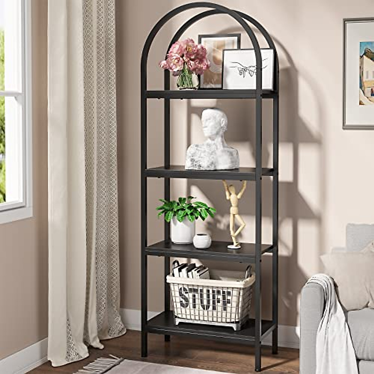 LITTLE TREE 4-Tier Arched Bookshelf, Tall Open Bookcase Storage Shelves, Wood Metal Freestanding Display Rack Tall Shelving Unit for Home Office, Bedroom, Living Room, Industrial Black