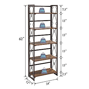 VECELO 5 Tier Folding Bookshelf, 2-Step Assembly Foldable Bookcase, Collapsible Book Shelves with Metal Lace X Frame and Anti-Toppling Design,Antique Brown,Set of 2