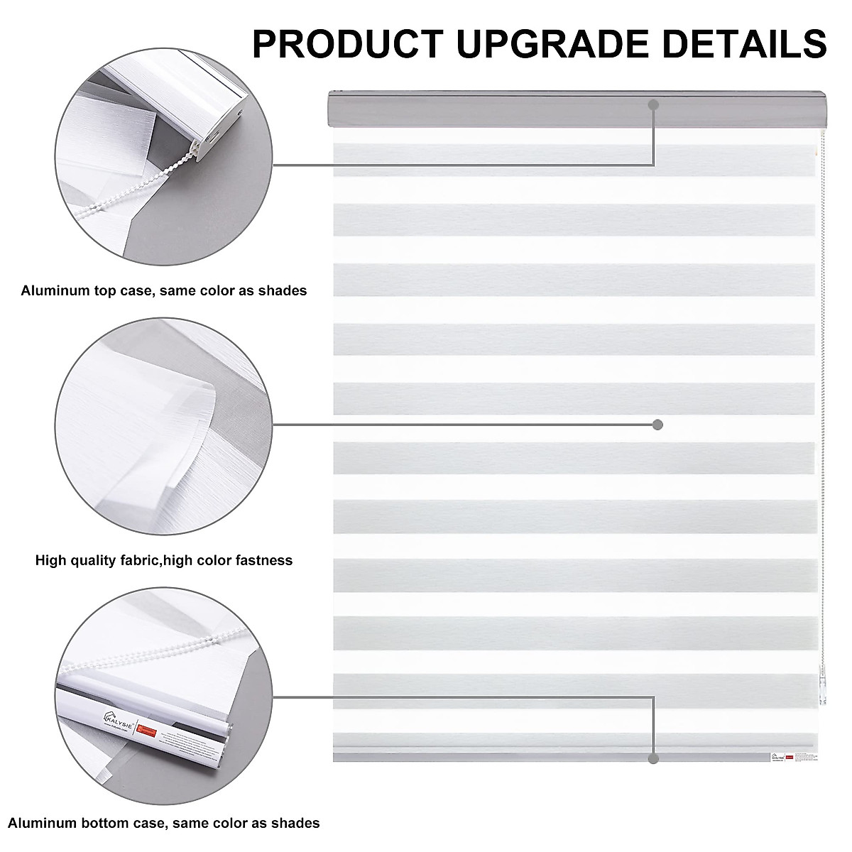 KALYSIE Zebra Roller Window Blinds,Custom Cut to Size,Roller Blinds Dual Layer Roller Shade Blinds, White,Fixed 64 InchesHigh,51 Inches Width