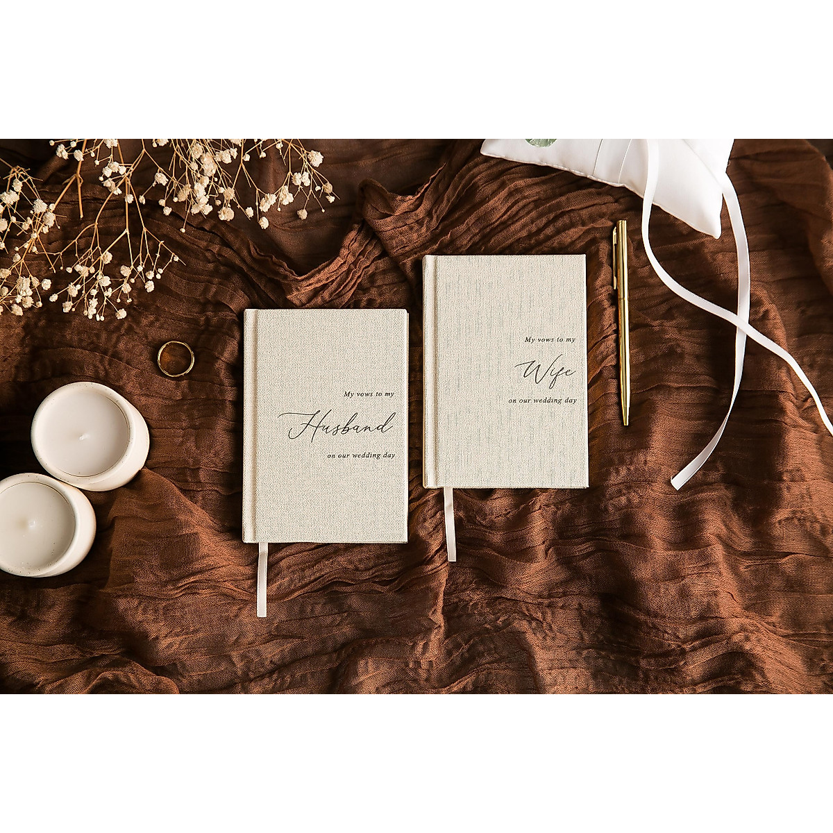 MUUJEE Hard Cover Vow Books (Set of 2) - Cream Canvas Linen Foil Embossed Wedding Ceremony Vow Renewal Speech Books, Couple Gifts for Engagement (To My Husband/Wife)