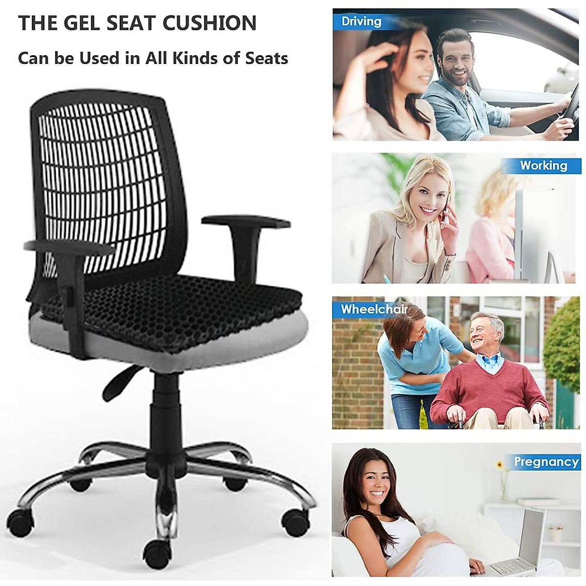 Gel Seat Cushion for Long Sitting, Double Thick Egg Seat Cushion with Non-Slip Cover, Breathable Honeycomb Home Office Chair Pads Wheelchair Cushion for Relieving Back Pain & Sciatica Pain (Black)