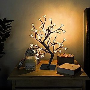 PEIDUO 17.5” Lighted Cherry Blossom Tree 48 Warm White Lights Plug in Adapter Light up Bonsai Tree for Christmas Indoor Home Bedroom Office Living Room Tabletop Tree Night Light Artificial Plants