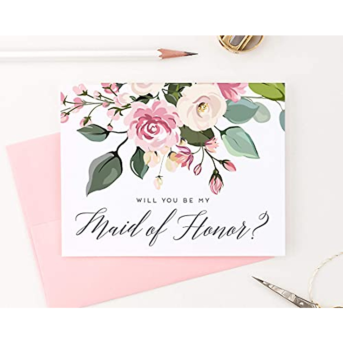 Rustic Floral Will You Be My Flower Girl Card Pink, Modern Flower Girl Proposal Cards, Elegant Bridal Party Ask Cards, Your Choice of Quantity and Envelope Color