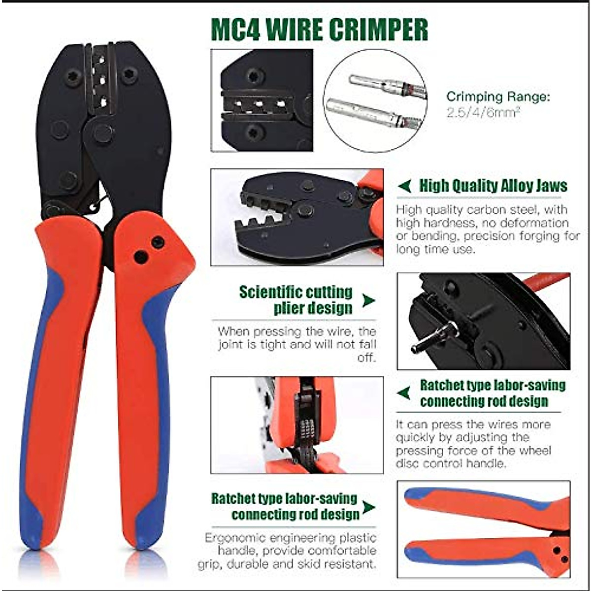 Keadic Solar Crimping Tools, Wire Stripper, 5 Pairs of Male/Female Solar Panel Cable Connectors, 2pcs Solar Connector Spanner Tool Kit for 2.5/4.0/6.0mm² MC3 MC4 Solar Panel PV Cable