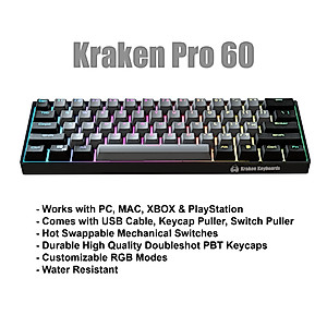 Kraken Keyboards Stealth Edition Kraken Pro 60 | Black & Grey 60% HOT SWAPPABLE Mechanical Gaming Keyboard for Gaming On PC, MAC, Xbox and Playstation (Stealth | Silver Switches)