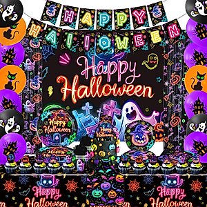 Glow Neon Party Supplies Tableware Set, 256 Pcs Let's Glow Halloween Party Decorations Include Neon Plates and Napkins Cups Glow Tablecloth Halloween Banner for Neon Baby Shower Party Decorations