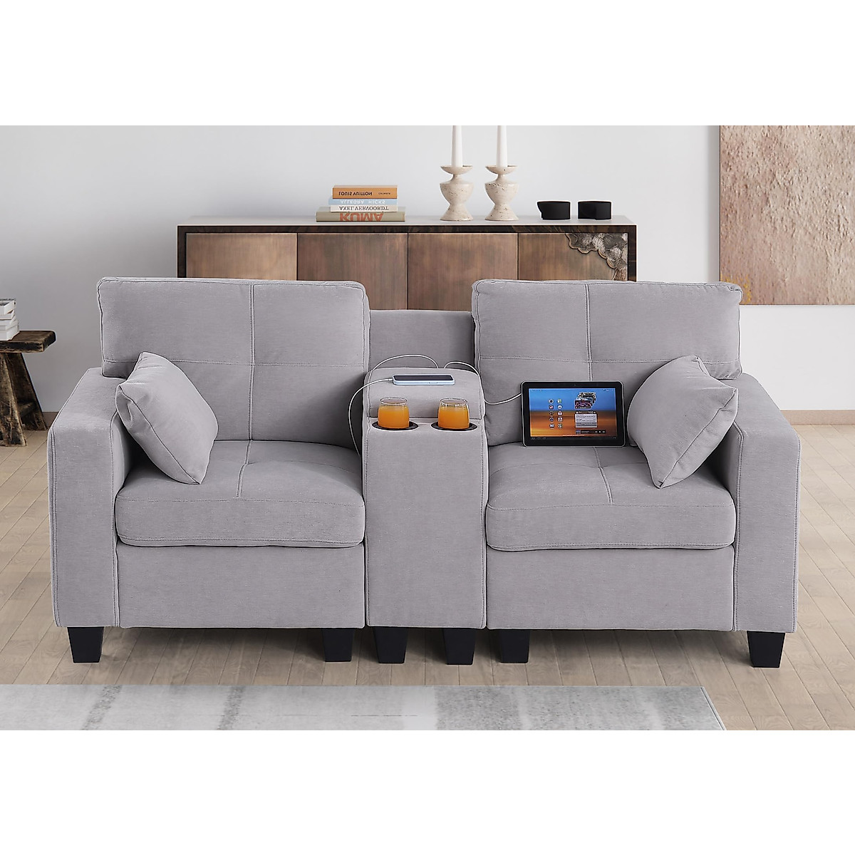 Generic Loveseat Sofa with Storage Ottoman & Console Cupholders, 2 Seater Modular Couch with Charging Station Modern Velvet Small Sectional Couch for Aparment,Home Office, Light Grey, F8001LIST