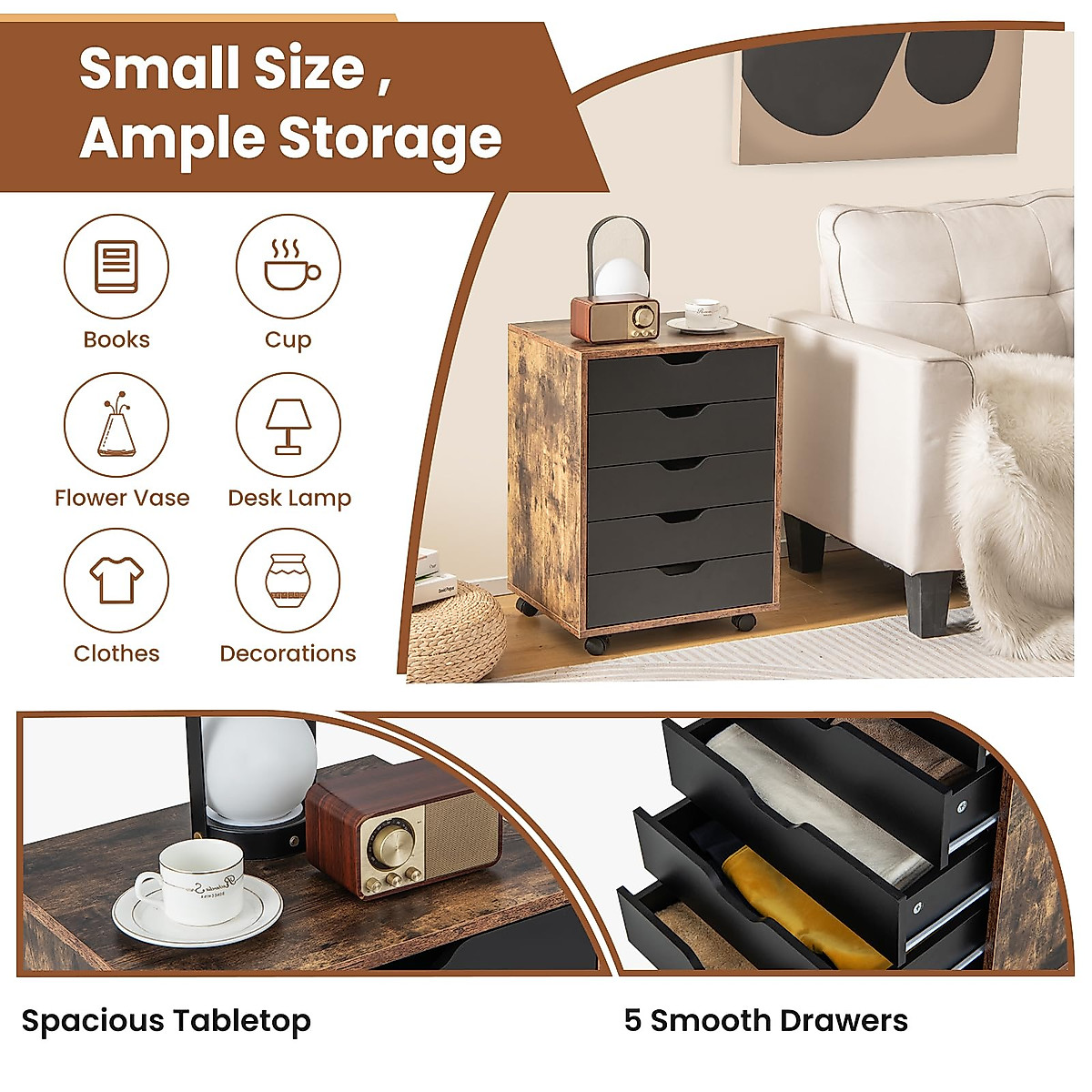 Giantex 5-Drawer Storage Cabinet, Mobile File Cabinet with Drawers, Wheels, Rolling Lateral Filing Cabinet Under Desk, Chest of Drawers, 19.5" x 16" x 25.5" Office Cabinet for Living Room, Study