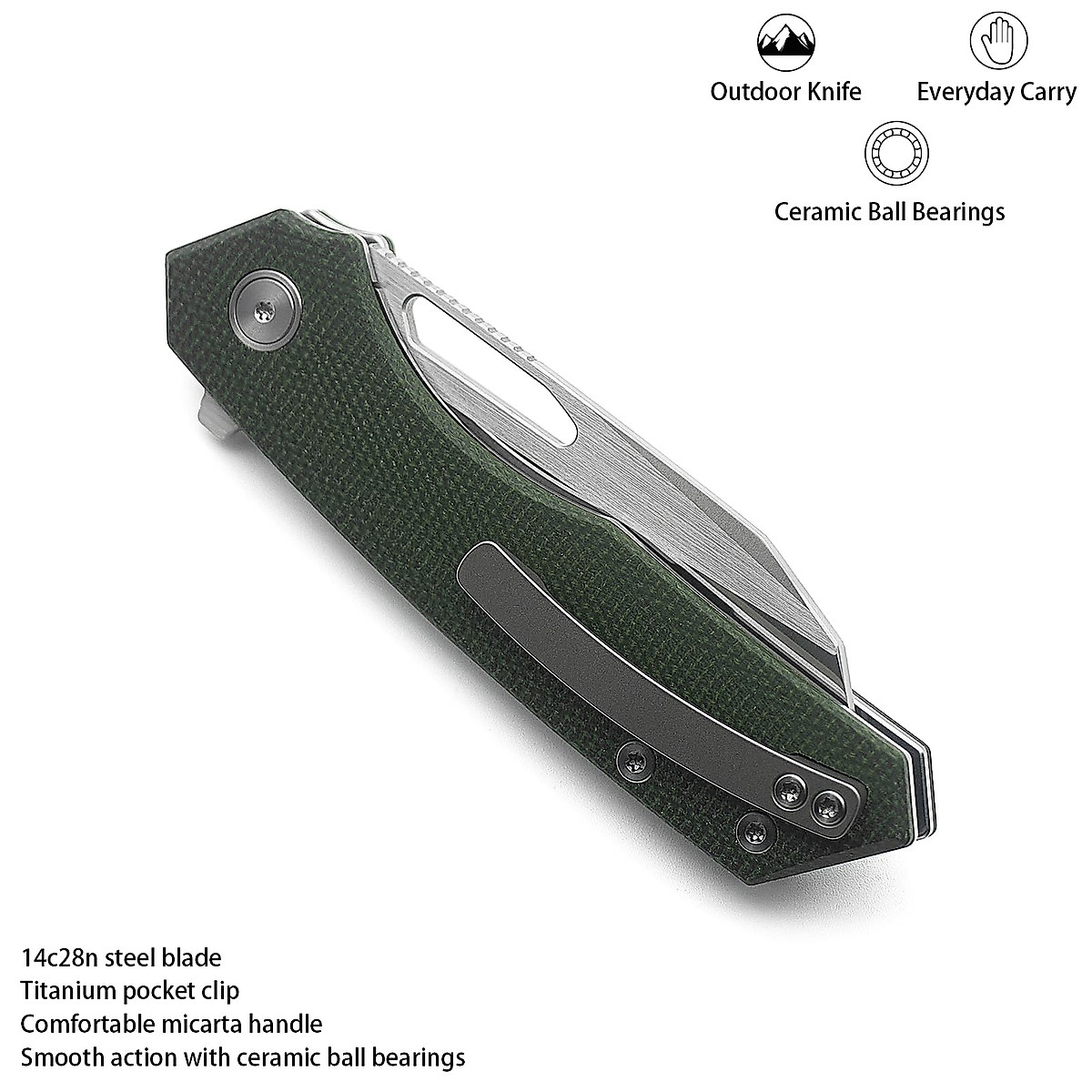 Miguron Knives M Keryx Flipper Folding Knife 3.17" Satin 14C28N Blade Green Micarta Handle With Titanium Pocket Clip Camping Hiking Pocket Knife MGR-813MGN