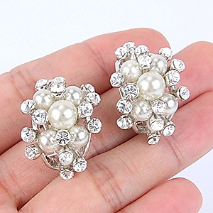 EVER FAITH Austrian Crystal White Simulated Pearl Bridal Cluster Pierced Stud Earrings Clear Silver-Tone