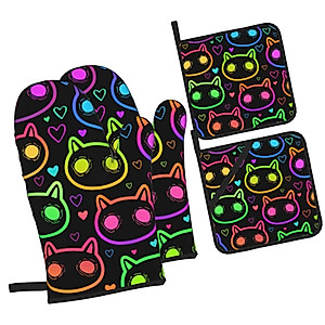 Oven Mitts and Pot Holders Sets of 4 High Heat Resistant Colorful Psychedelic Cat Oven Mitts with Oven Gloves and Hot Pads Potholders for Kitchen Baking Cooking BBQ Non-Slip Cooking Mitts