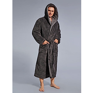 SlumberMee Mens Fleece Plush Robe with Hood Ultra Soft Fluffy Full Length Long with Pockets Luxurious House Coat (Dark Grey, L)