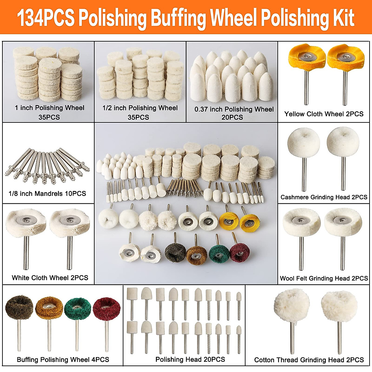 134PCS Polishing Buffing Wheel Polishing Kit Compatible with Dremel, Polishing Wheel Rotary Tool Accessories with 1/8" Shank, Abrasive Wheel Buffing Polishing Wire Brushes Wool Felt Cotton Mounted