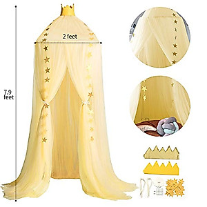 Jolitac Princess Bed Canopy for Girls Room Decor Round Lace Mosquito Net Play Tent Reading Nook Canopies Yarn Girl Dome Netting Castle (Yellow)