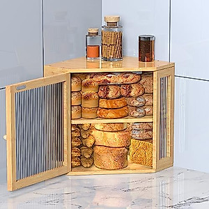 RYLTKISS Corner Bread Box–Extra Large Bread Box for Bread Storage-Durable Bamboo Wood Bread Box for Kitchen Countertop-Double Bread Container with Adjustable Height, Modern Bread Box Easy To Assemble