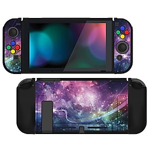 PlayVital Purple Galaxy Protective Case for Nintendo Switch, Soft TPU Slim Case Cover for Nintendo Switch Joycon Console with Colorful ABXY Direction Button Caps