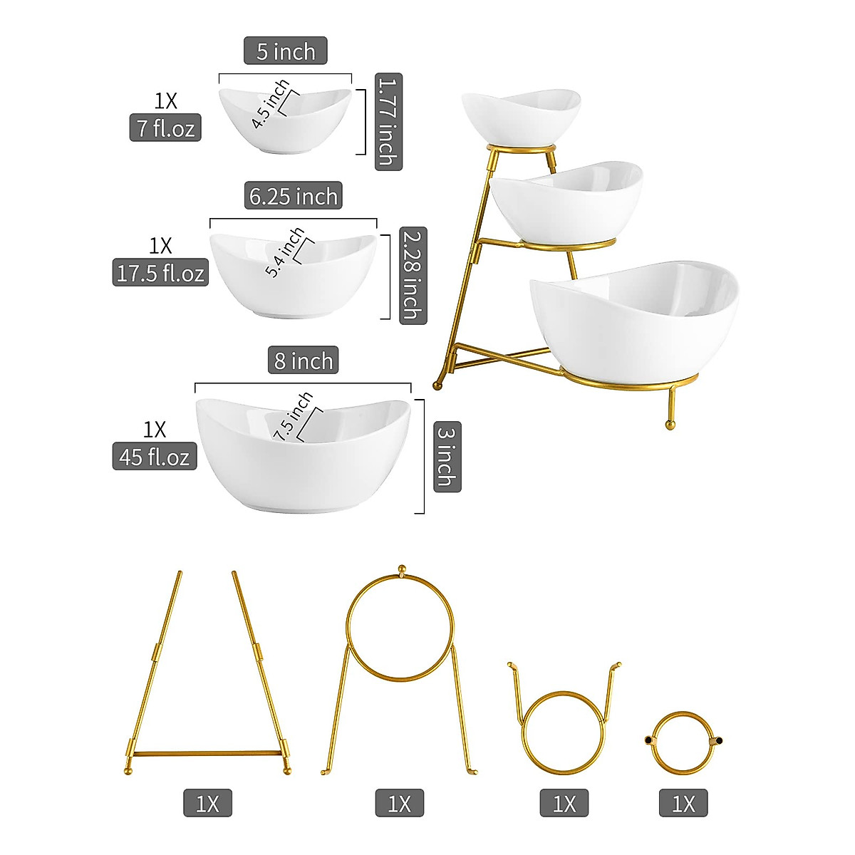 LAUCHUH 3 Tier Serving Stand with Porcelain Bowls, Oval Shape, Ideal for Food Presentation, Dishwasher Safe