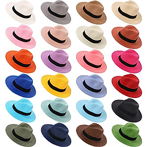 Mumufy 24 Packs Straw Cowboy Hat Bulks Panama Hat for Women Classic Large Brim Western Cowgirl Party Sun Protection Hats for Men Women for Beach Travel Camping Summer, 24 Colors Colorful