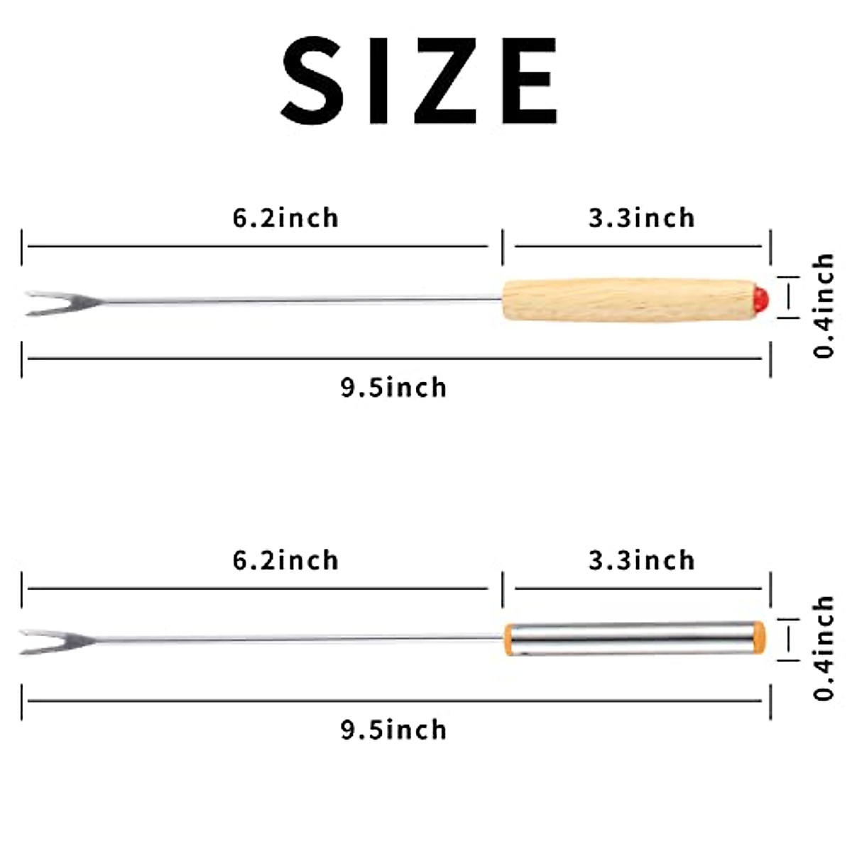 24 Pack 9.6 Inch Stainless Steel Fondue Forks, 12 Wood Handles and 12 Stainless Steel Handles, Heat Resistant Smores Sticks for Roast Meat Chocolate Dessert Cheese Marshmallows (6 Colors)