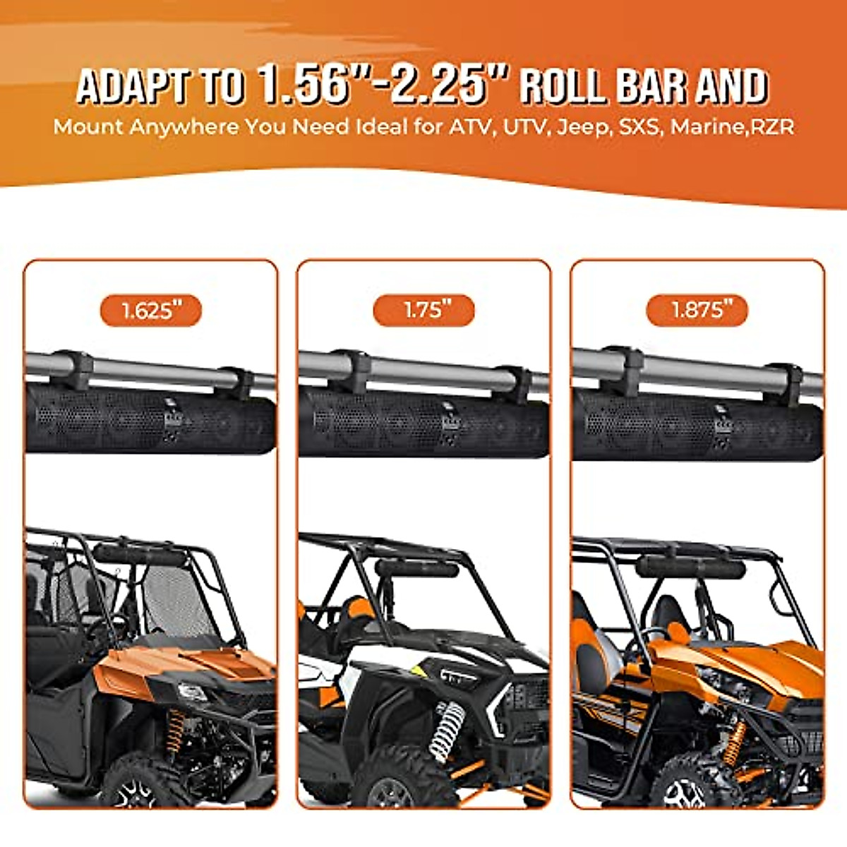 kemimoto UTV Soundbar SXS Sound Bar X3 Speaker- 28 Inches Wide, IPX5 Waterproof, Bluetooth Compatible, Amplified, USB, AUX Input, 4X Speakers, 2X Tweeters Adapt to 1.56"-2.25" Roll Bar