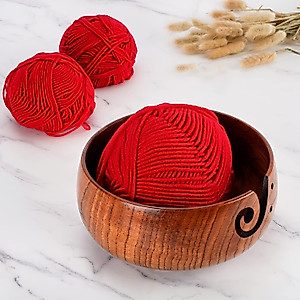 Wooden Yarn Bowl with 8Pcs Metal Crochet Hooks, Knitting Yarn Bowl with Holes Storage Handmade to Prevent Slipping, Perfect Yarn Holder Bowl for Crocheting and Knitting Mother's Day Gift 6" x 3"