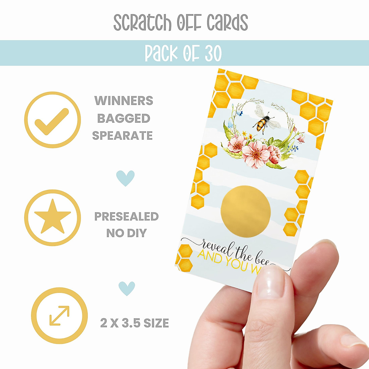 Bumblebee Scratch Off Game Cards (30 Pack) - Fun Bridal Shower Games, Modern Wedding Activities, Lottery Tickets for Door Prizes, Raffle Drawings, Instant Win Scratchers, Baby Shower Party Favors