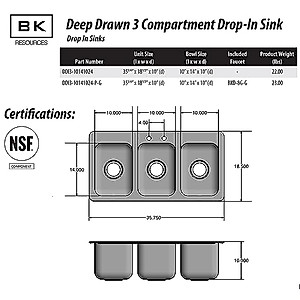BK Resources DDI3-10141024 Three Compartment Drop-in Deck Mount Sink 10" x 14" x10" Bowl