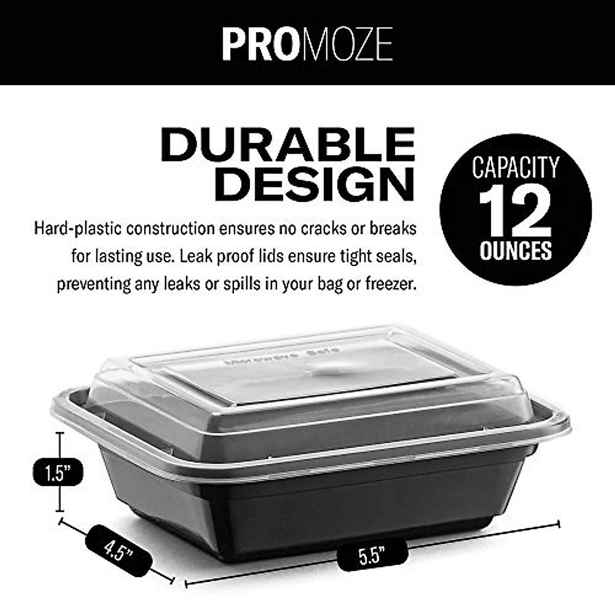 50-Pack Tiny Meal Prep Plastic Microwavable Food Containers meal prepping & Lids."12 OZ." Black Rectangular Reusable Storage Lunch Boxes -BPA-free Food Grade- Freezer Dishwasher Safe -PREMIUM QUALITY