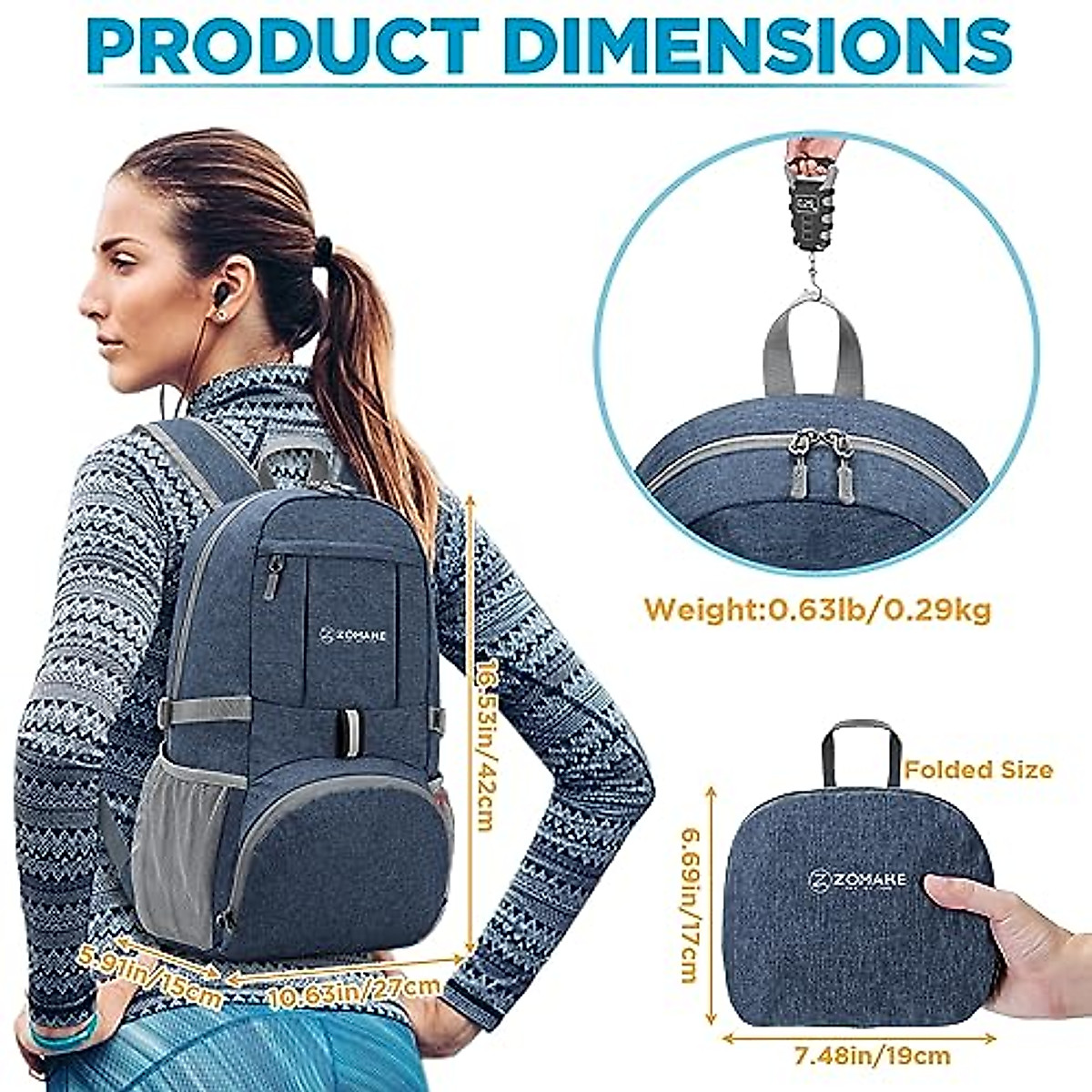 ZOMAKE Lightweight Packable Backpack 25L - Small Foldable Hiking Daypack for Travel - Tear Resistant Day pack for Women Men Camping Outdoor Sports(Navy Blue)