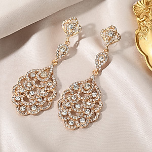 Gold Rhinestone Wedding Bridal Chandelier Dangle Earrings Sparkly Crystal Long Teardrop Statement Earrings for Women Brides Pageant Prom