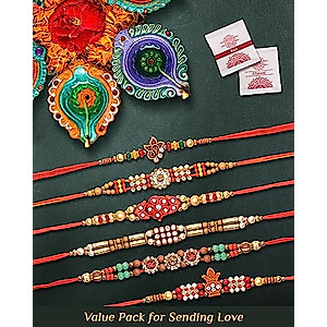 IndoTribe Rakhi for Brother - Set of 12, Rakhi for Brother and Bhabhi | Lumba Rakhi For Brother with Gift Set | Rakhi with Roli Chawal, Card | Brother Bhaiya Bhabhi Rakhi | Raksha Bandhan Rakhi
