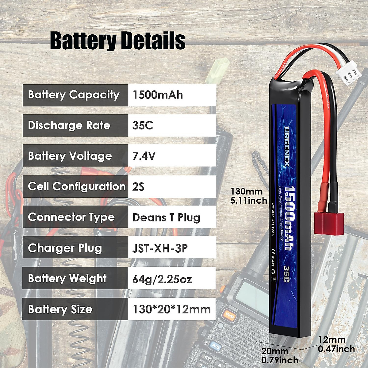 URGENEX Airsoft Battery 7.4V 1500mAh 35C High Discharge Rate Lipo Battery Pack with Deans T Plug Rechargeable 2S Lipo Battery for Airsoft Model Guns