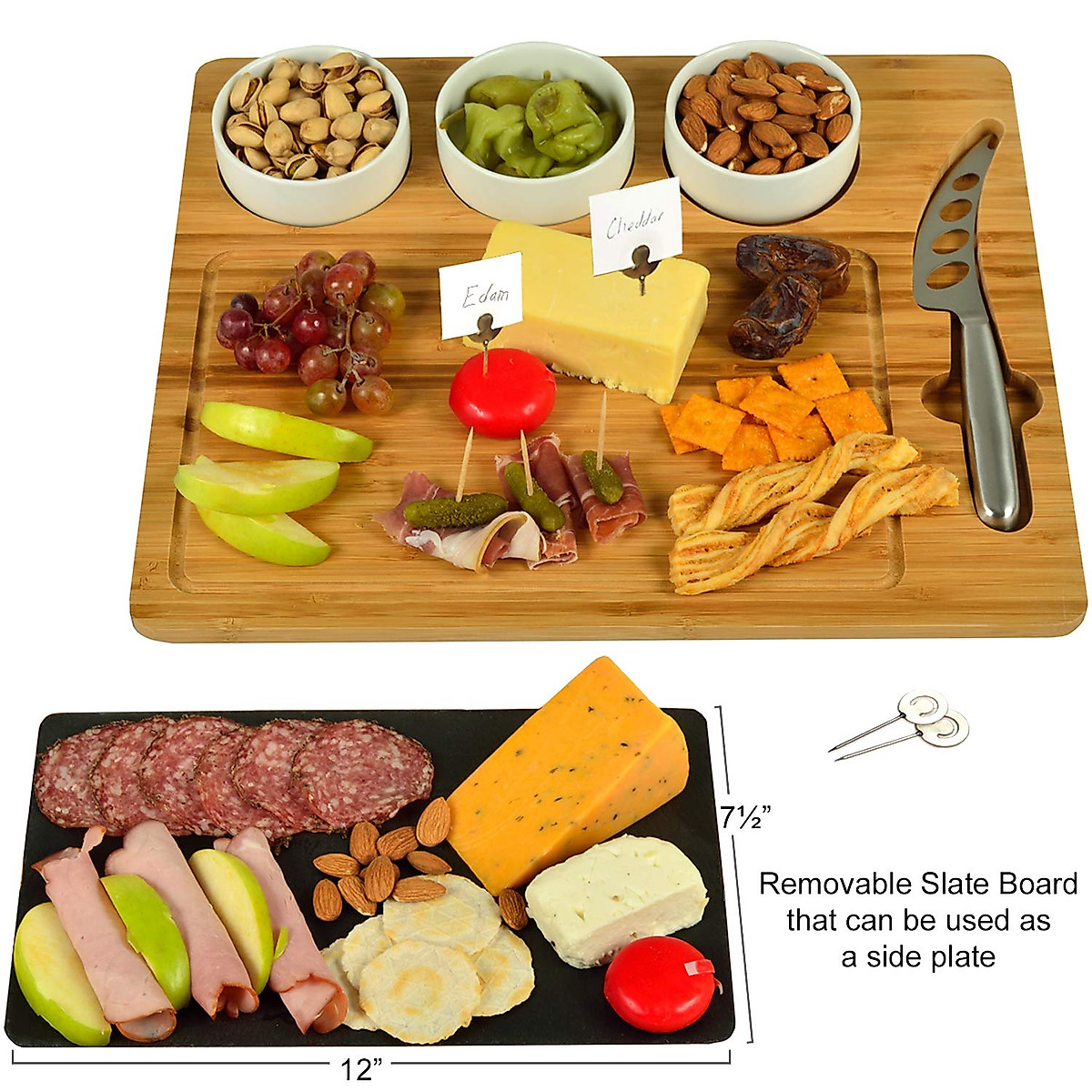 Picnic at Ascot Bamboo & Slate Cheese/Charcuterie Board - Includes 3 Ceramic Bowls, Cheese Knife & Cheese Markers- Patent Pending - Designed & Quality Checked in The USA