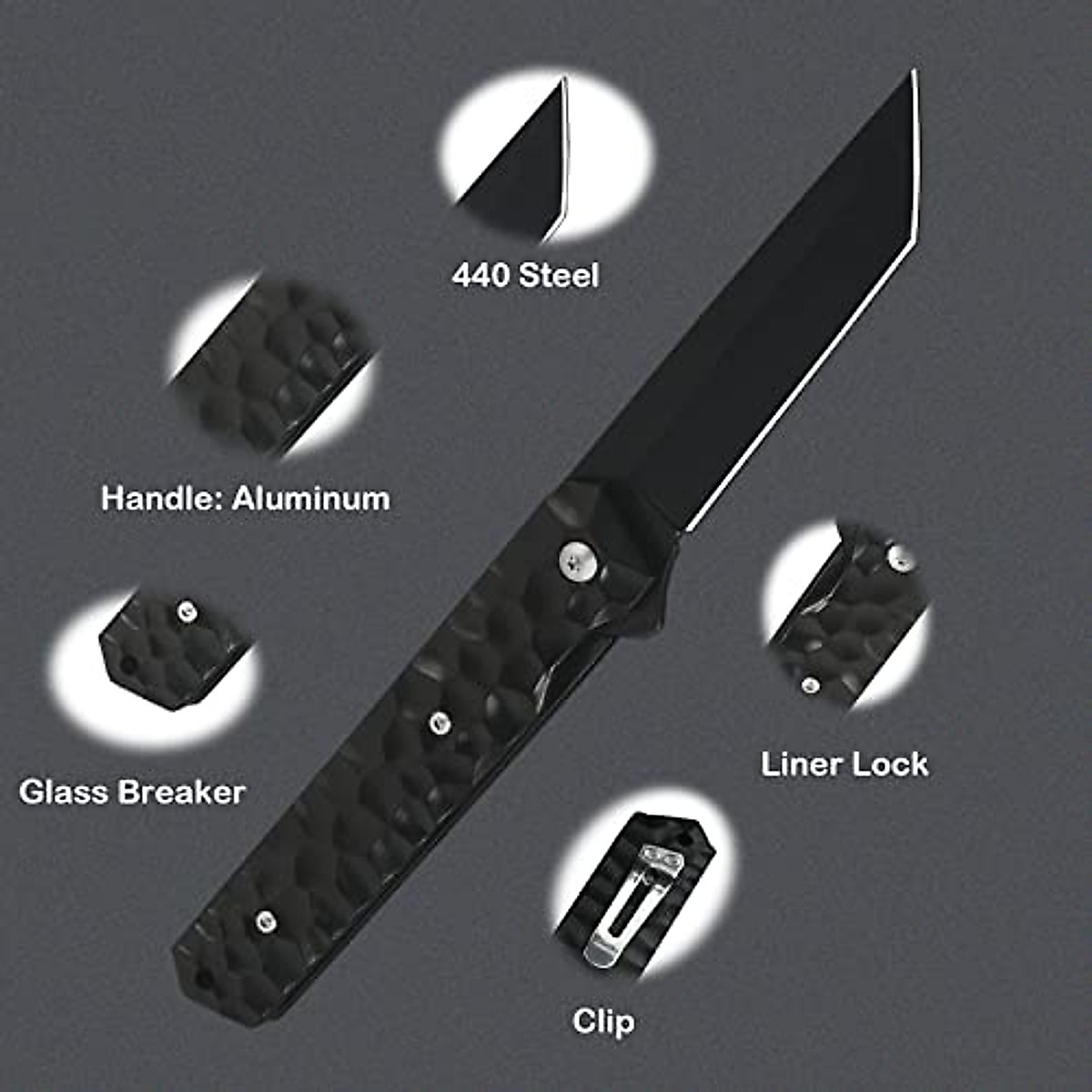 Tanto Pocket Knife, EDC Folding Hunting Knife with Aluminum Handle and Clip, Thumb Open Outdoor Knife for Men Survival, Fishing, Hunting, Camping (Black ) (ZDXD)
