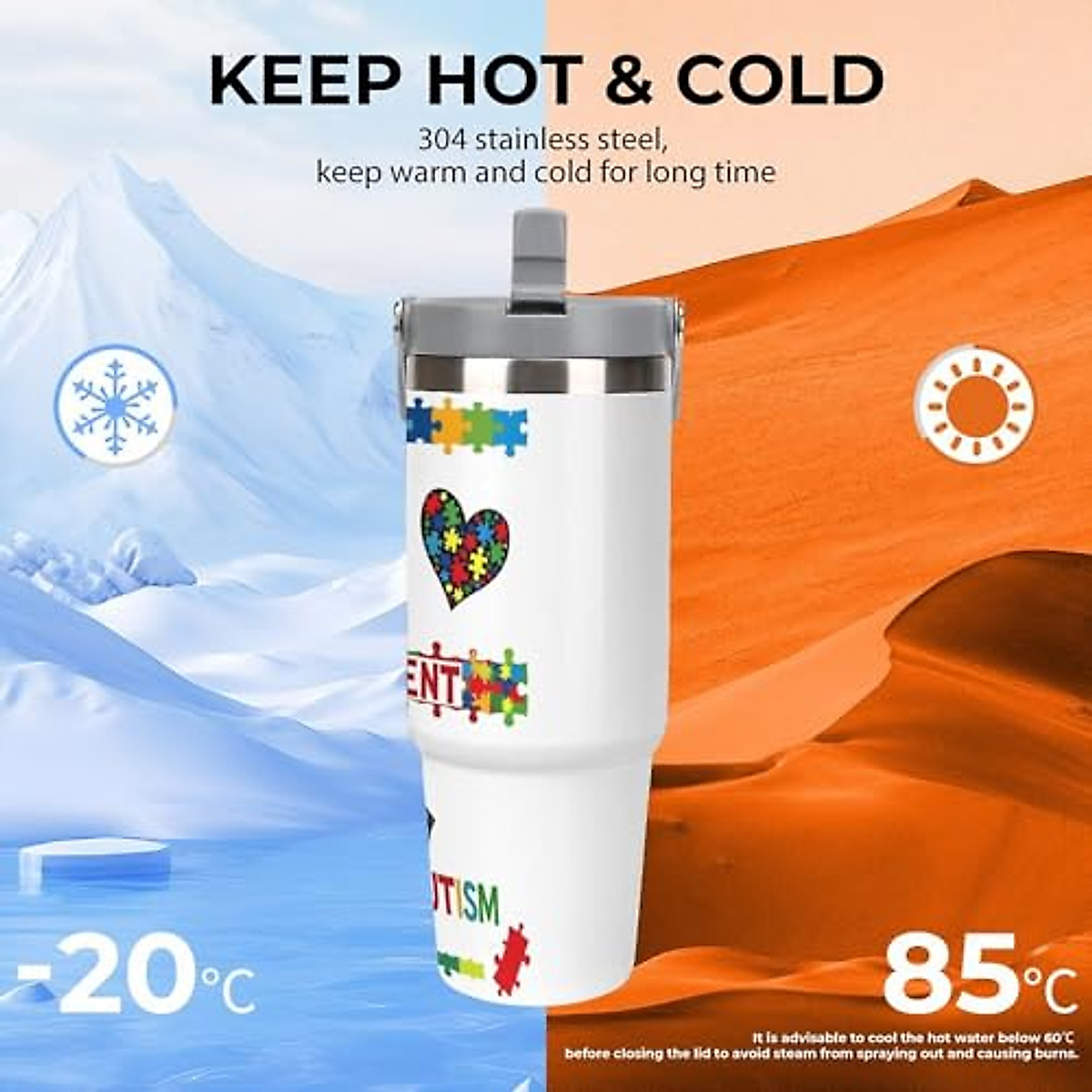 Be Patient I Have Autism Awareness Heart Ribbon (2) 30 OZ Insulated Tumblers with Handle And Straw Leakproof Vacuum Insulated Stainless Steel Water Bottle for Car Fishing Travel