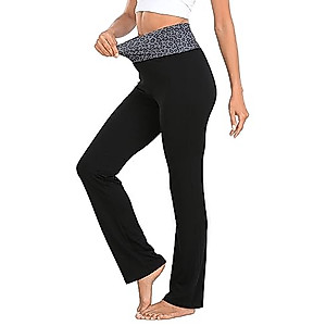 HDE Women's Color Block Fold Over Waist Yoga Pants Flare Leg Workout Leggings Black Leopard/Black - S