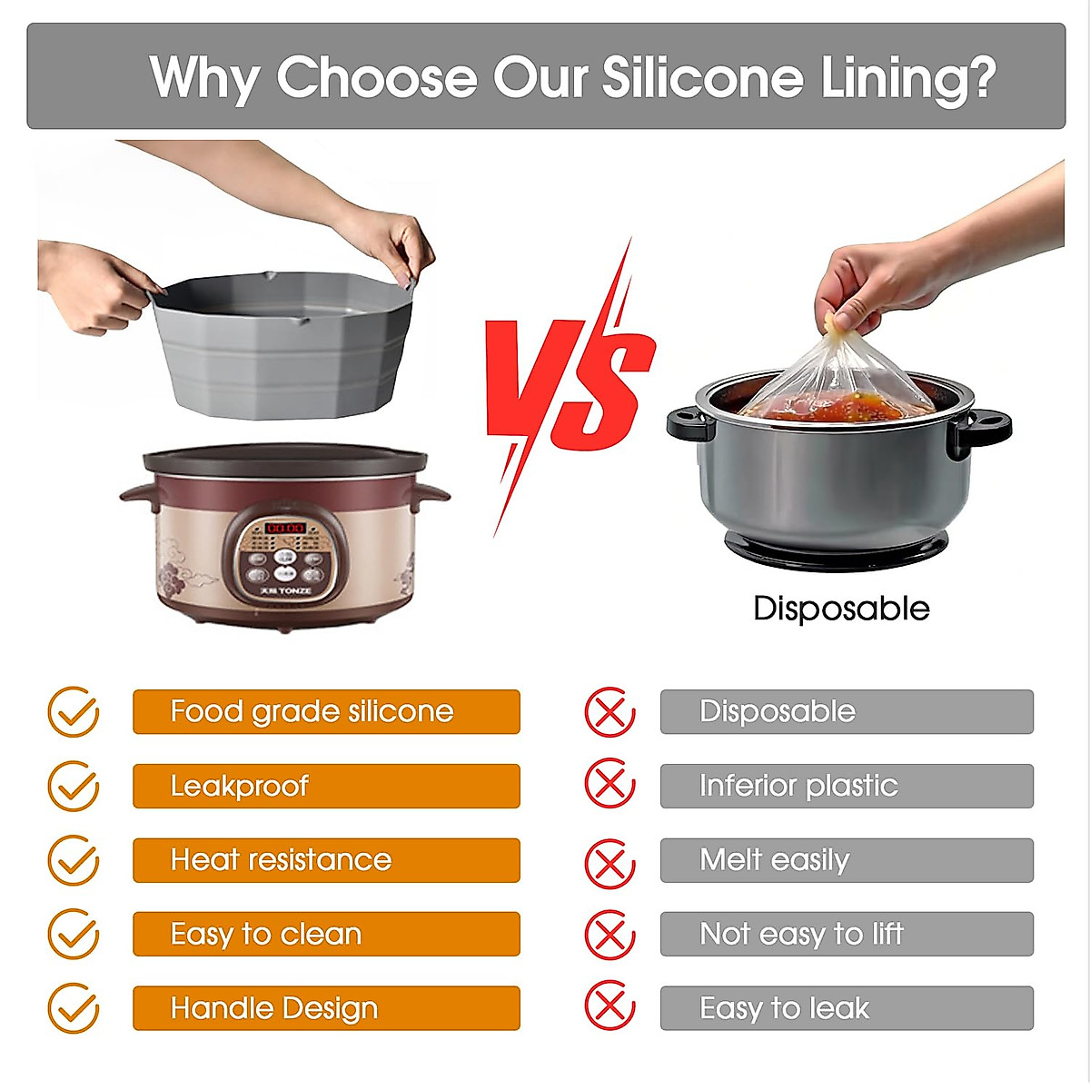 Slow Cooker Liners Compatible for Crock Pot 4-5 QT, Reusable Silicone Divider Insert, Leakproof & Dishwasher Safe, BPA Free, 3 PCS Bundle, Black