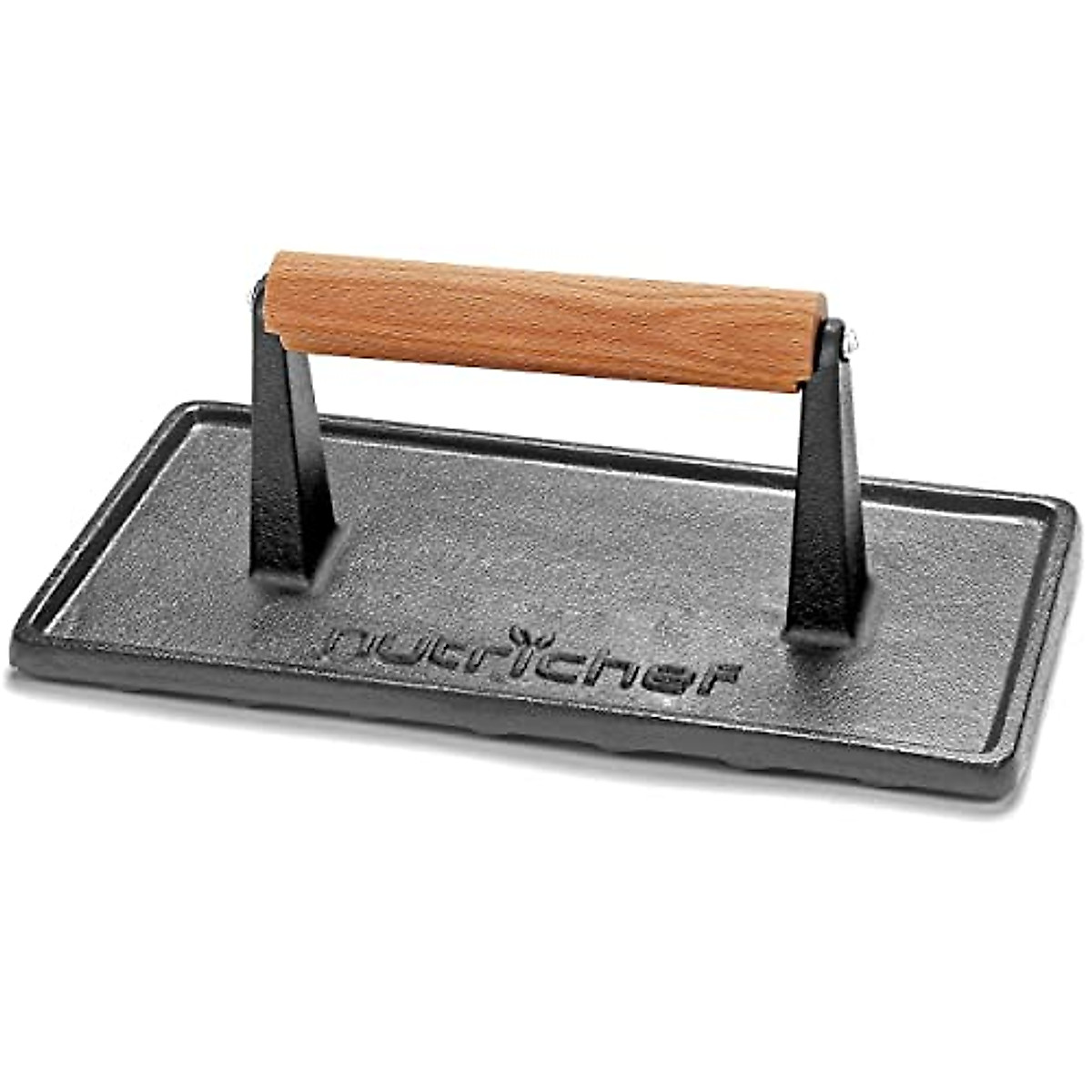 Nutrichef Cast Iron Grill Press - Heavy-Duty Griddle Press with Wooden Handle, Speeds Up Cooking Time on Steak, Burger Patty, Meats, Bacon, Quesadillas & More, Leave an Attractive Mark on Any Meat