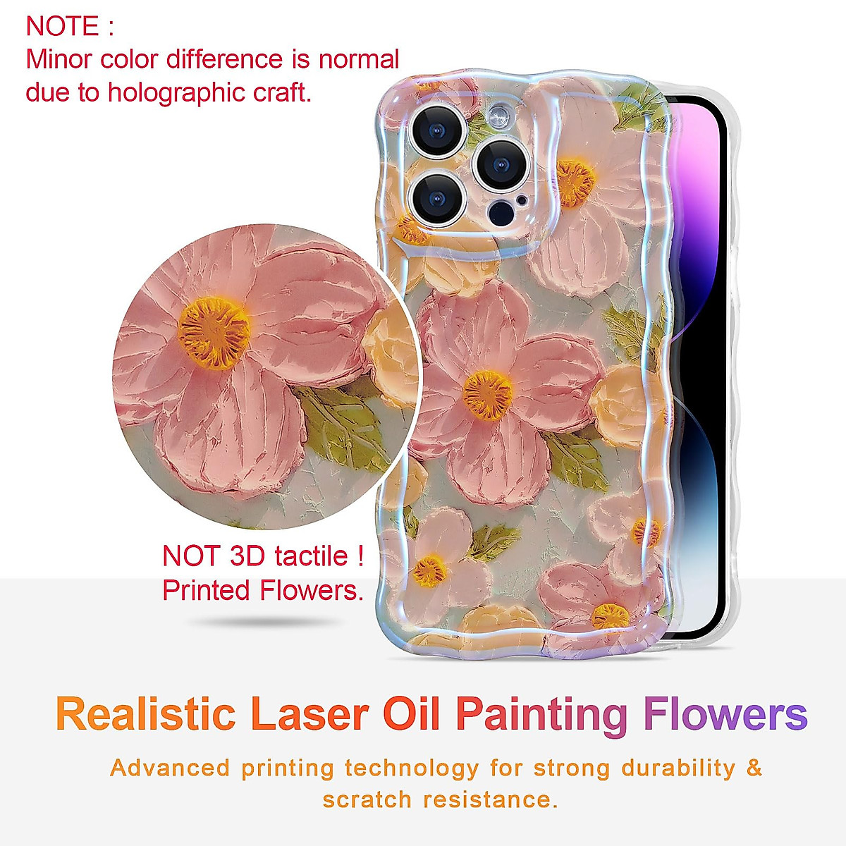 EYZUTAK Case for iPhone 14 Pro Max, Colorful Retro Oil Painting Printed Flower Laser Glossy Pattern Cute Curly Wave Edge Exquisite Stylish Durable TPU Protective Phone Cover for Girls Women-Green