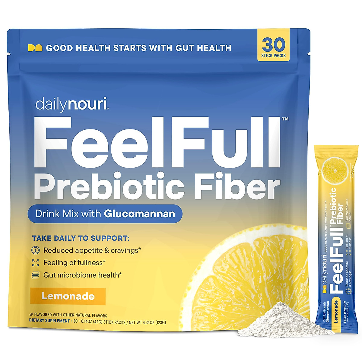 Daily Nouri FeelFull Prebiotic Fiber Drink Mix with Glucomannan & Chromium | for Natural Feeling of Fullness, Appetite & Cravings Support, Gut Microbiome & Metabolic Health | 30 Stick Packs