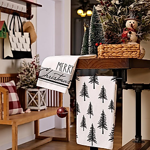 ARKENY Christmas Dish Towels for Christmas Decor Black Xmas Tree Kitchen Towels 18x26 Inch Grey Stripe Washcloths Seasonal Merry Christmas Hand Towel for Bathroom Set of 2 AD015